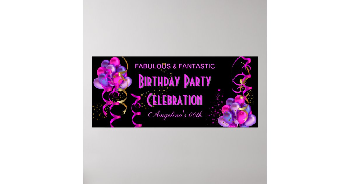 HOT PINK Banner Birthday Party Celebration Black Poster | Zazzle