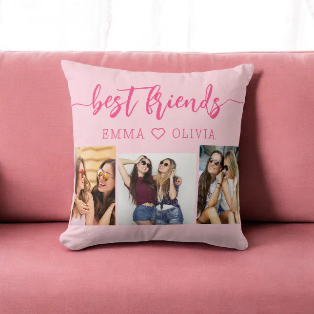Hot Pink Best Friends 3 Photo Collage Keepsake Throw Pillow | Zazzle