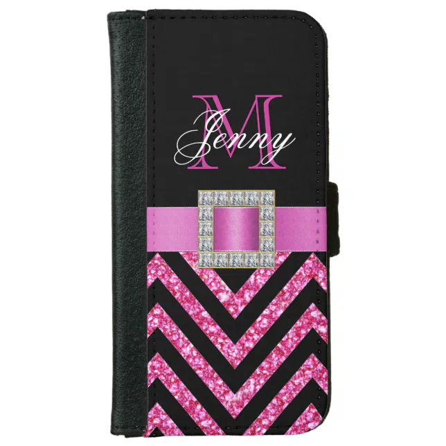 HOT PINK BLACK CHEVRON GLITTER GIRLY iPhone WALLET CASE | Zazzle
