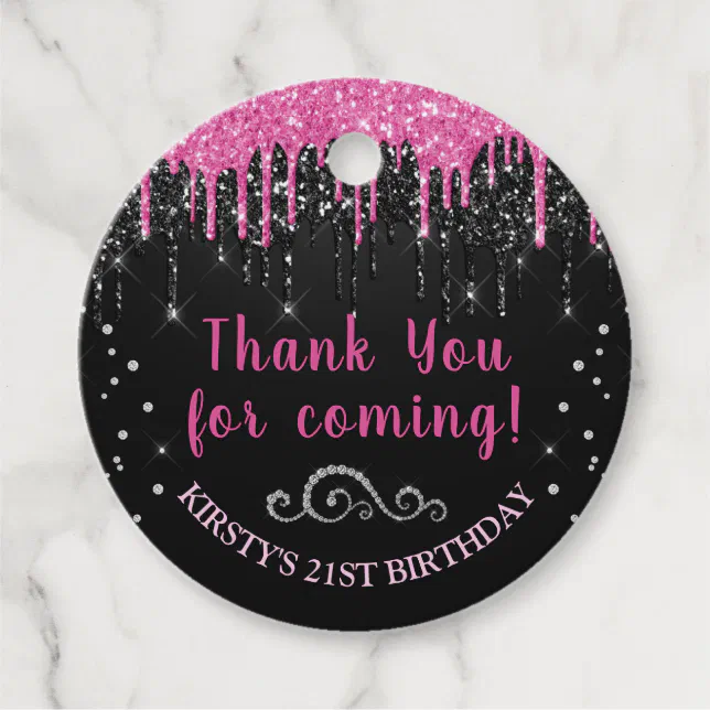 Hot Pink & Black Dripping Glitter Birthday Favor Tags | Zazzle