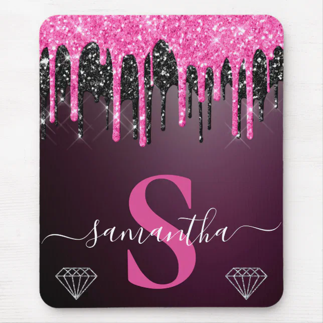 Hot Pink & Black Dripping Glitter Monogram Mouse Pad | Zazzle
