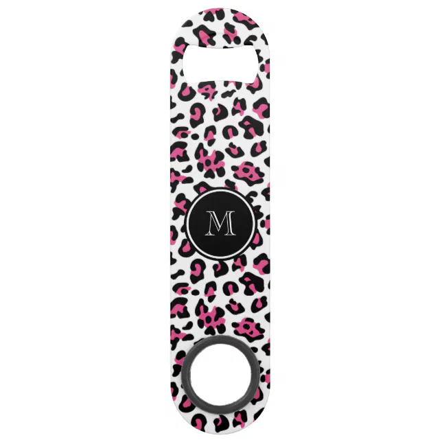 Hot Pink Black Leopard Animal Print with Monogram Bar Key | Zazzle