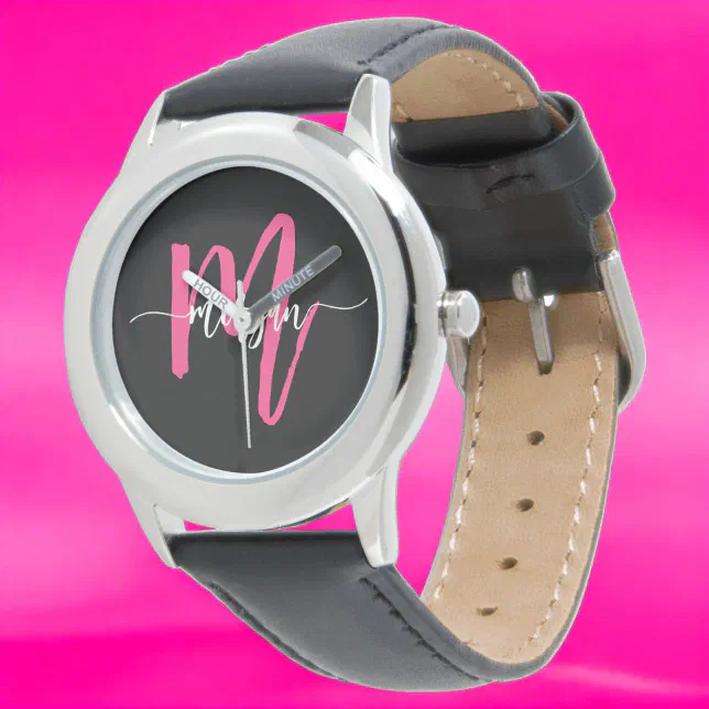 Hot Pink Black Modern Script Girls Monogram Name Watch | Zazzle