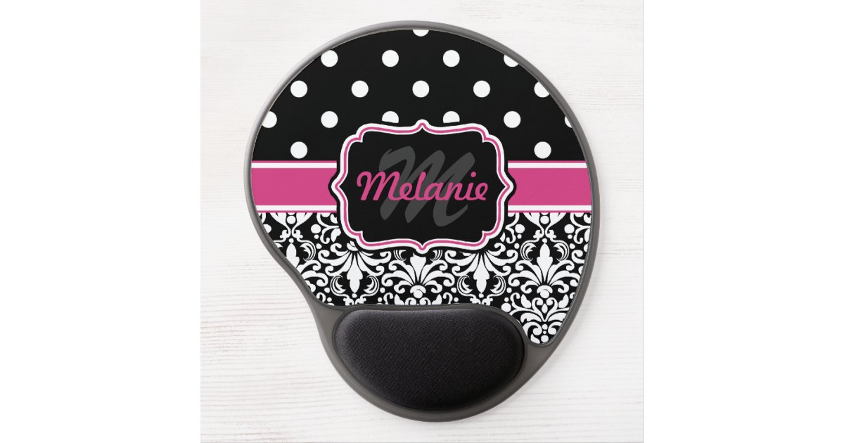 Hot Pink Black Monogrammed Damask Polka Dot Gel Mouse Pad | Zazzle