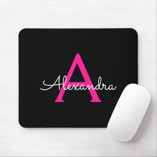 Hot Pink Black Script Girly Monogram Name Mouse Pad | Zazzle