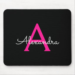 Hot Pink Black Script Girly Monogram Name Mouse Pad | Zazzle