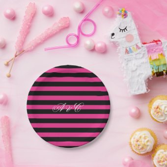Hot Pink & Black Stripes Party Paper Plates | Zazzle