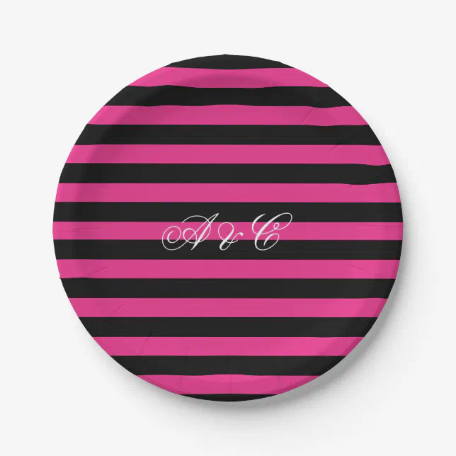 Hot Pink & Black Stripes Party Paper Plates | Zazzle