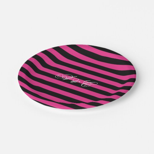 Hot Pink & Black Stripes Party Paper Plates | Zazzle