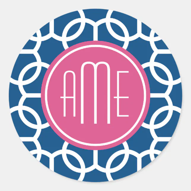Hot Pink & Blue Geometric Pattern Monograms Classic Round Sticker | Zazzle