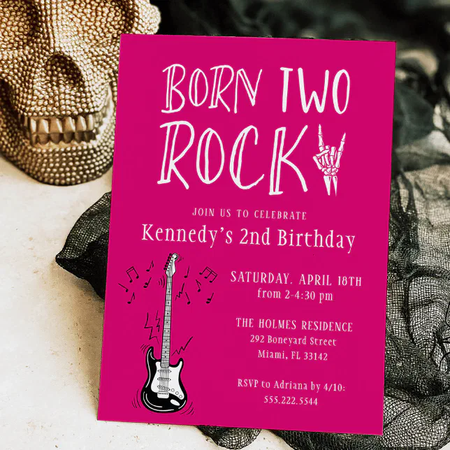 Hot Pink Born Two Rock Guitar 2nd Birthday Party Invitation | Zazzle