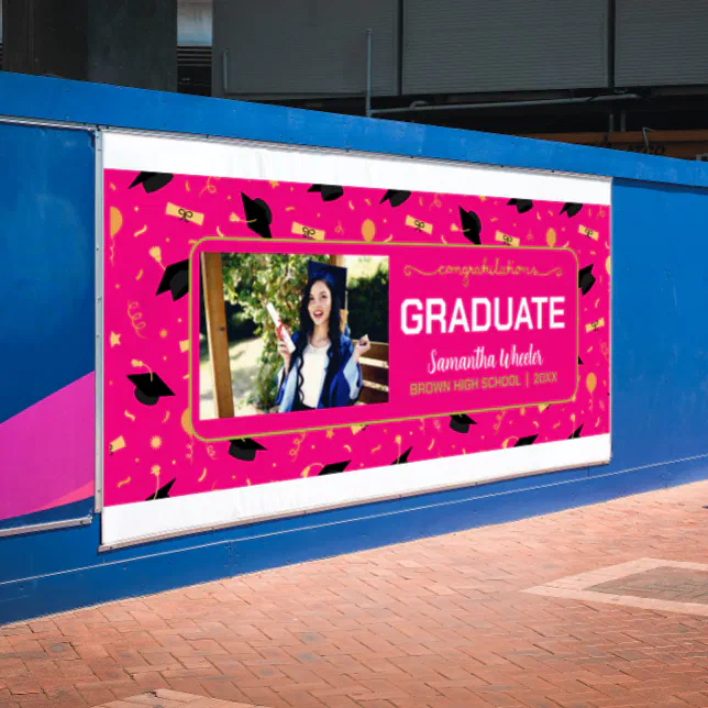Hot Pink Congrats Graduate Custom Photo Graduation Banner | Zazzle
