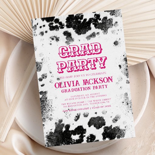 Hot Pink Cow Print Chic Rustic Graduation Party Invitation | Zazzle