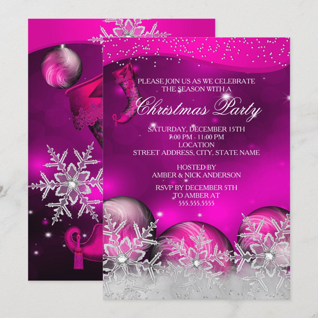Hot Pink Crystal Snowflake Christmas Party Invitation | Zazzle