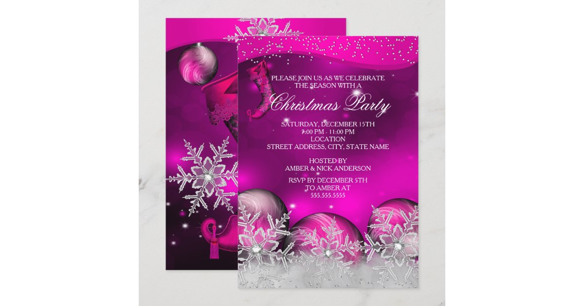 Hot Pink Crystal Snowflake Christmas Party Invitation | Zazzle