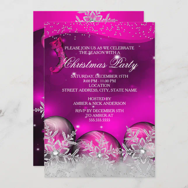 Hot Pink Crystal Snowflake Christmas Party Invitation | Zazzle