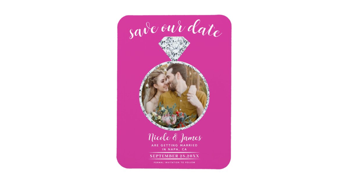 Hot Pink Diamond Ring Bling Photo Save the Date Magnet | Zazzle