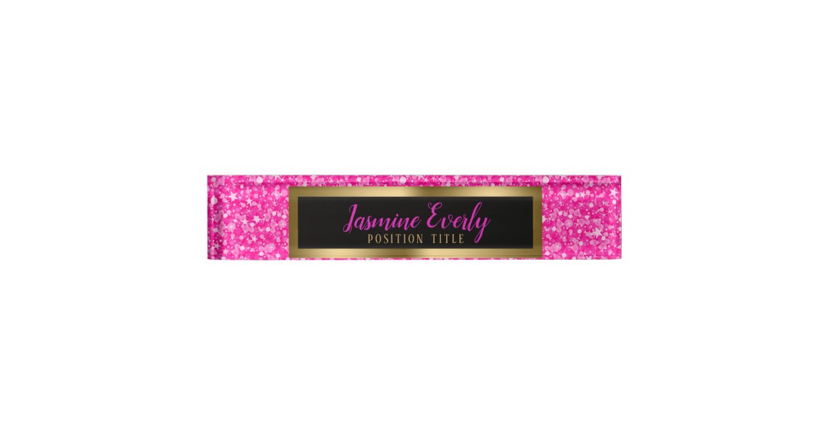 Hot Pink Faux Glitter Gold Accents Desk Name Plate | Zazzle
