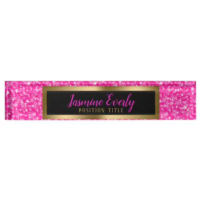 Hot Pink Faux Glitter Gold Accents Desk Name Plate | Zazzle