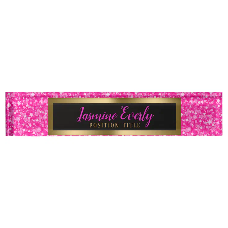 Hot Pink Faux Glitter Gold Accents Desk Name Plate | Zazzle