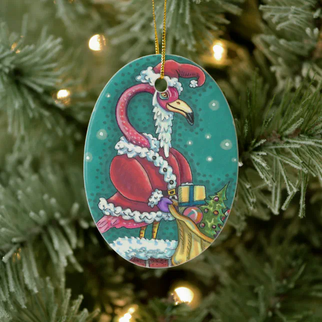 HOT PINK FLAMINGO SANTA, CUTE CHRISTMAS BIRD 2019 CERAMIC ORNAMENT | Zazzle