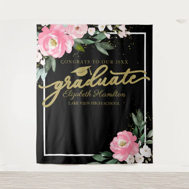 Hot Pink Floral Graduation Party Photo Backdrop | Zazzle