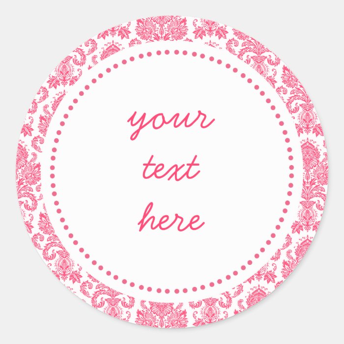 Hot Pink Girly Damask Label Classic Round Sticker | Zazzle