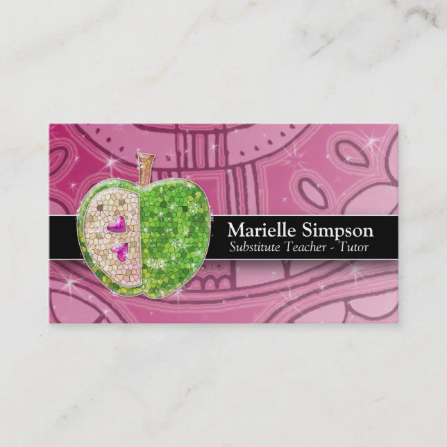 Hot Pink Glitter Apple Substitute Teacher Tutor Business Card | Zazzle