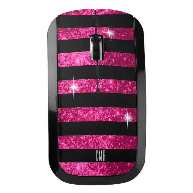 Hot Pink Glitter & Black Stripes | DIY Monogram Wireless Mouse | Zazzle