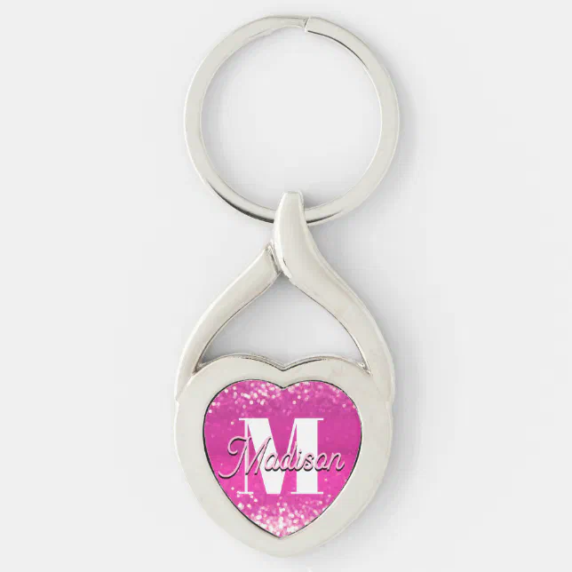 Hot Pink Glitter Bokeh Monogram Keychain | Zazzle