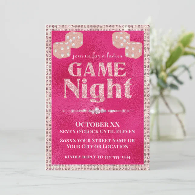 Hot Pink Glitter Dice Ladies Game Night Invitation | Zazzle
