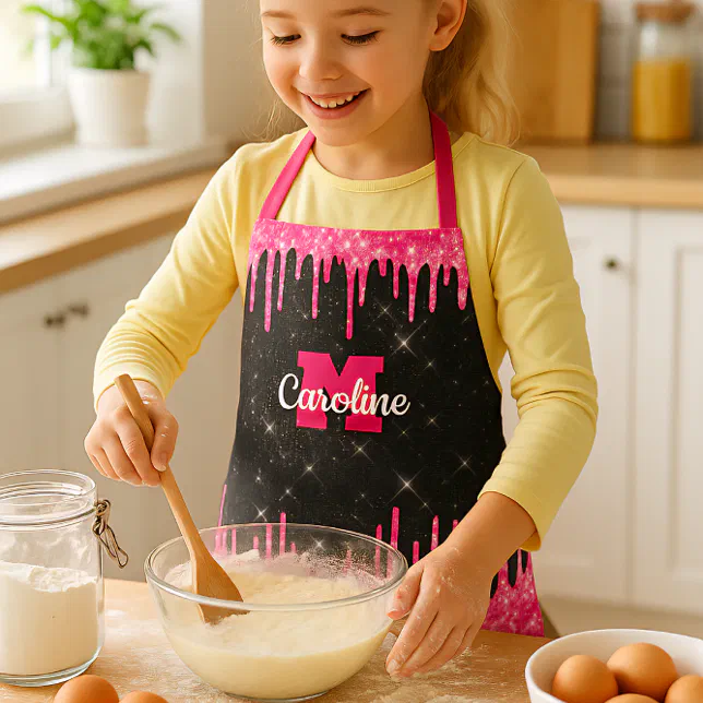 Hot Pink Glitter Drip on Black Sparkle Kids Name Apron | Zazzle