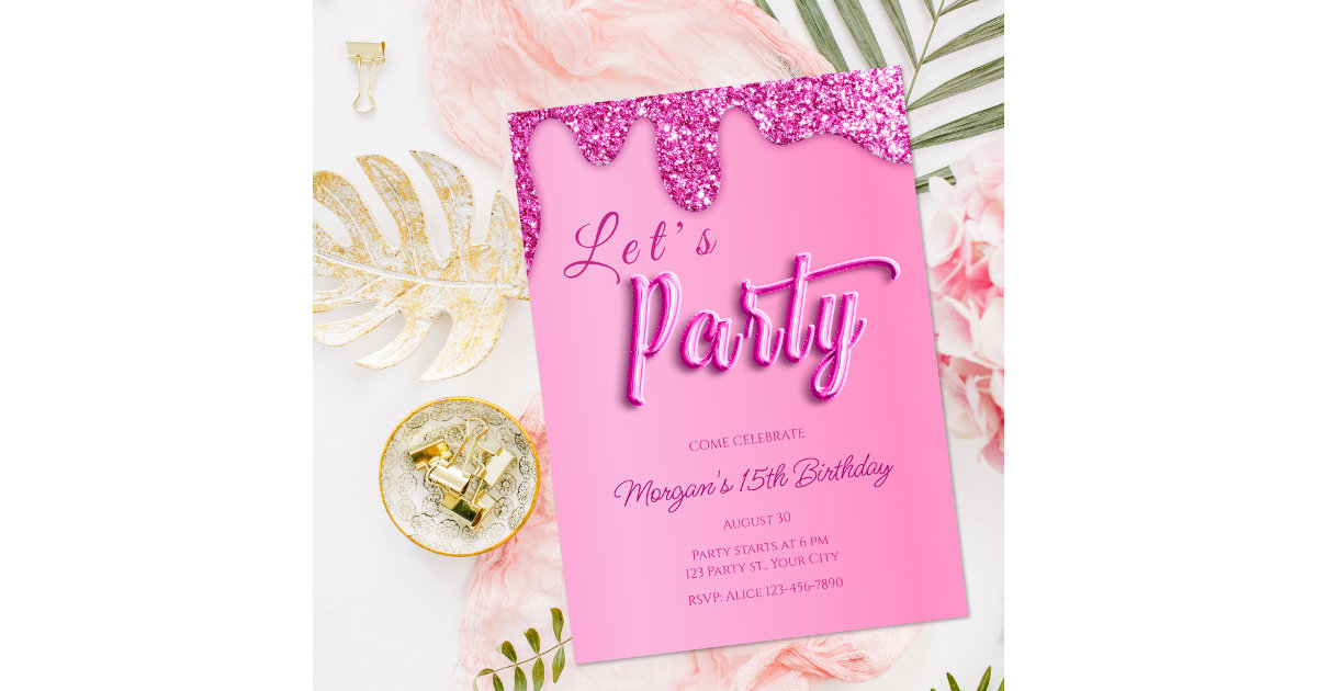 Hot Pink Glitter Girly Birthday Party Invitation | Zazzle