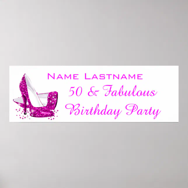 Hot Pink Glitter High Heels White Birthday Banner Poster | Zazzle