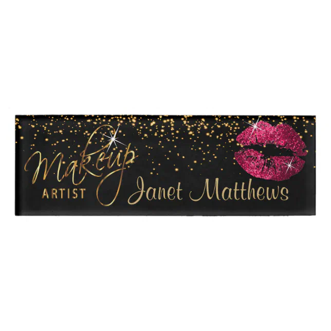 Hot Pink Glitter Lips and Elegant Gold Name Tag | Zazzle