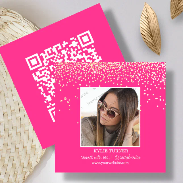 Hot Pink Glitter | Photo Social Media | QR Code Square Business Card | Zazzle