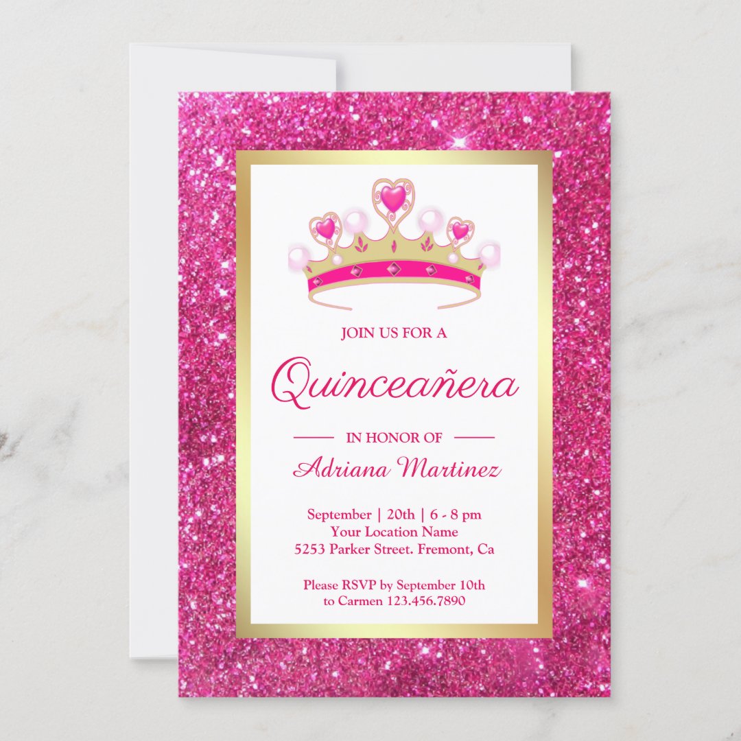 Hot Pink Glitter Tiara Princess Quinceanera Invitation | Zazzle