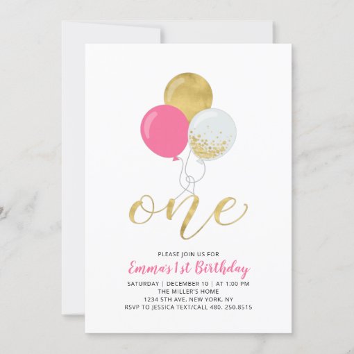 Hot Pink And Gold Balloons 1st Girl Birthday Party Invitation Zazzle