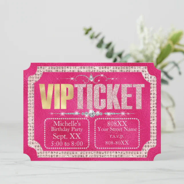 Hot Pink & Gold Diamonds and Glitter Ticket Invitation | Zazzle