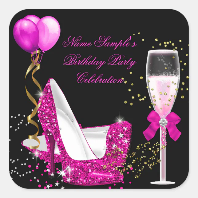 Hot Pink Gold Glitter Black Birthday Party Square Sticker | Zazzle