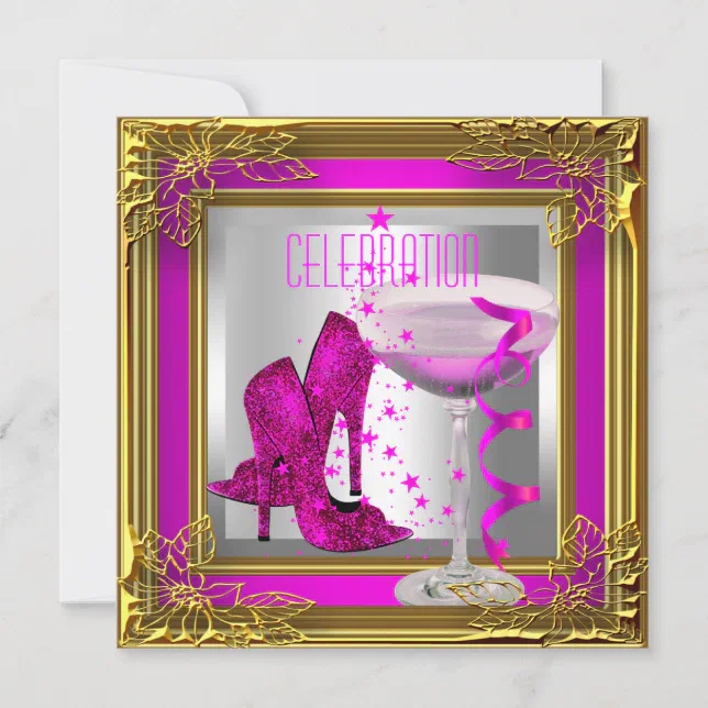 Hot Pink Gold High Heel Shoes Champagne Invitation | Zazzle