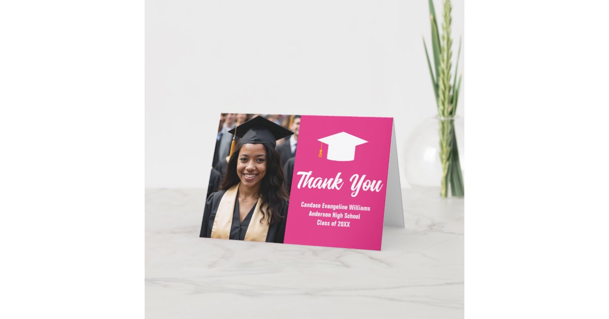Hot Pink Graduate Photo Cute Folded Graduation Thank You Card | Zazzle