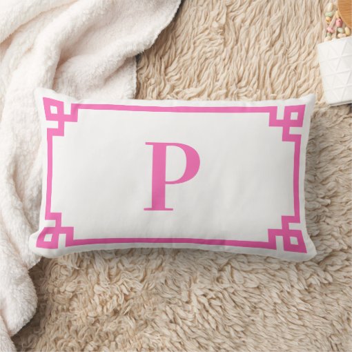 Hot Pink Greek Key Border Monogram Lumbar Pillow | Zazzle