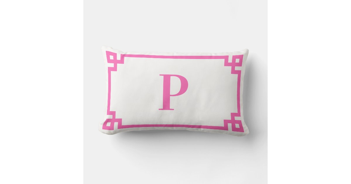 Hot Pink Greek Key Border Monogram Lumbar Pillow | Zazzle