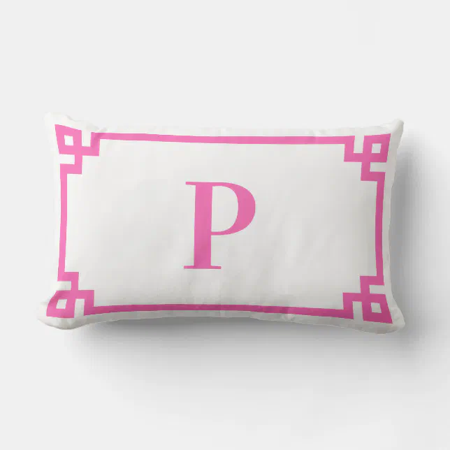 Hot Pink Greek Key Border Monogram Lumbar Pillow | Zazzle