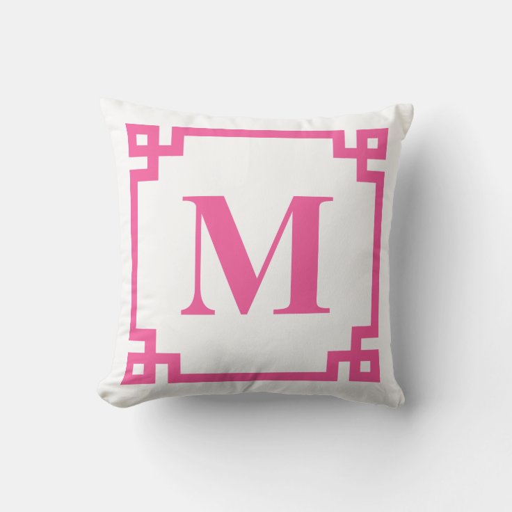 Hot Pink Greek Key Border Monogram Throw Pillow | Zazzle