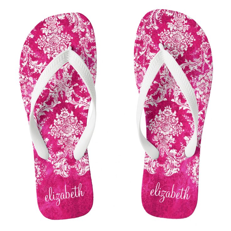 Hot Pink Grunge Damask Pattern Custom Text Flip Flops | Zazzle