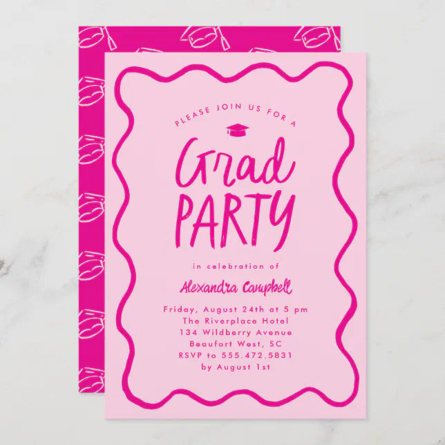 Hot Pink Hand Drawn Squiggle Graduation Party Invitation | Zazzle