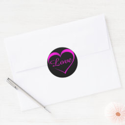 Hot Pink Heart Outline with Love Classic Round Sticker | Zazzle