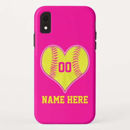 Hot Pink Heart Personalized Softball iPhone Case | Zazzle.com
